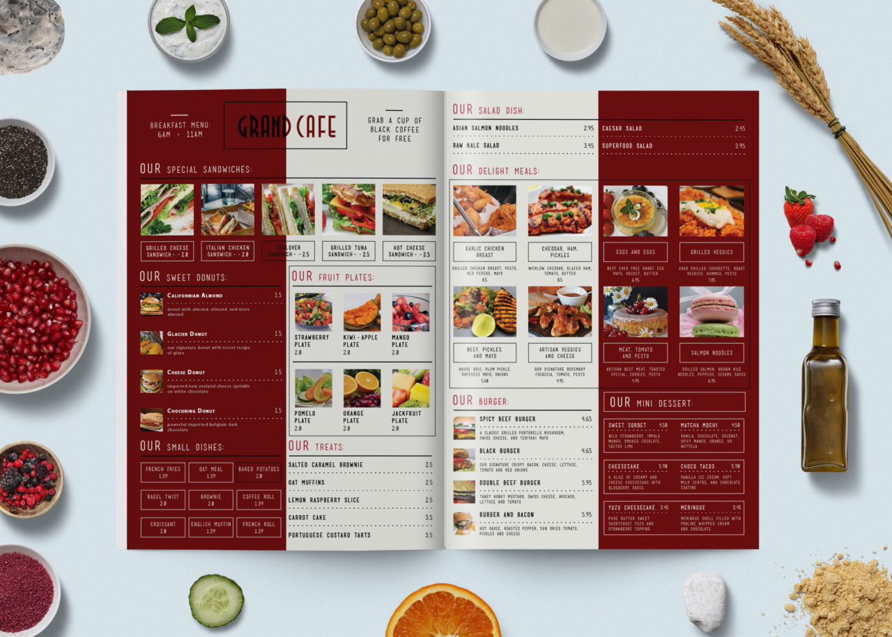 Grand Cafe Menu Bi-Fold Brochure Design Template - 99Effects